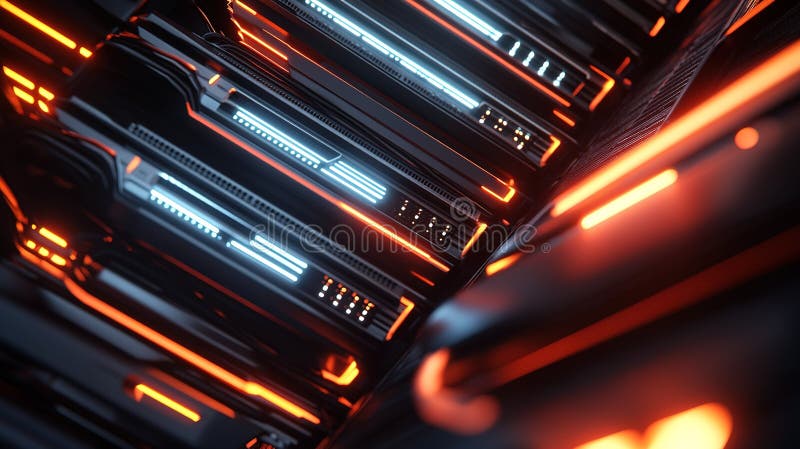High-tech Server Room with Glowing Orange and Blue Lights Highlighting ...