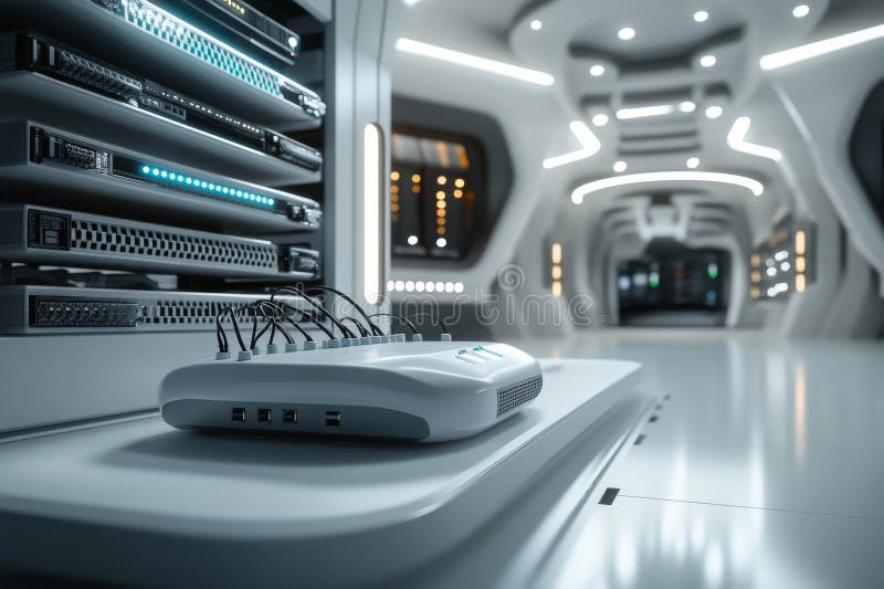 High Tech Server Room with Glowing Racks and Fiber Optic Cables ...