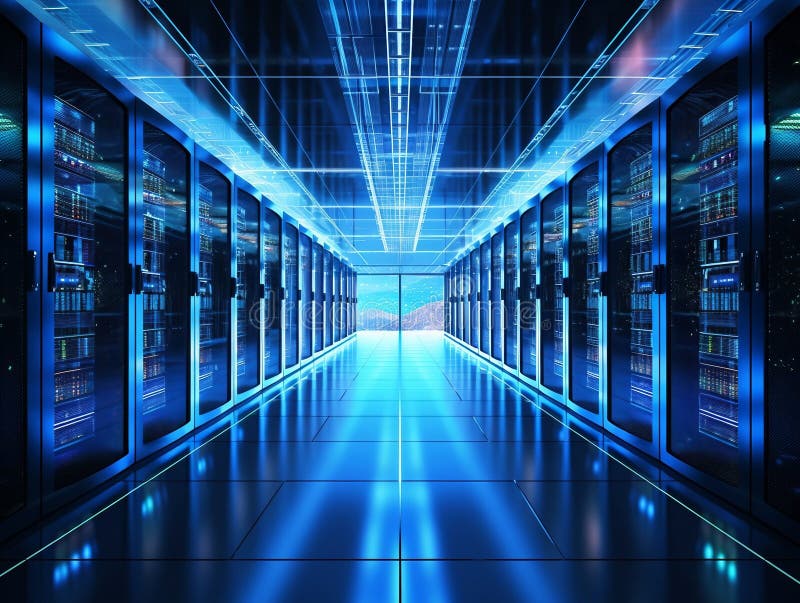 High-Tech Server Room Illuminated with Blue Lights and Digital Displays ...