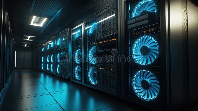 High-tech Server Room with Illuminated Cooling Fans and Organized Data ...