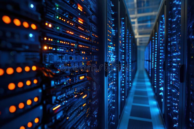 High Tech Server Room with Illuminated Data Servers and Connections ...