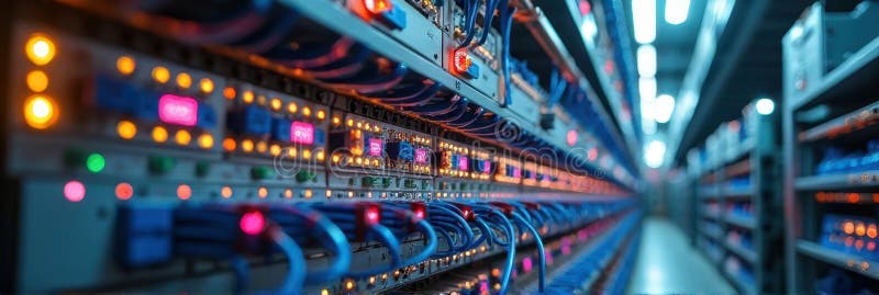 High-tech Server Room with Illuminated Network Equipment and Colorful ...