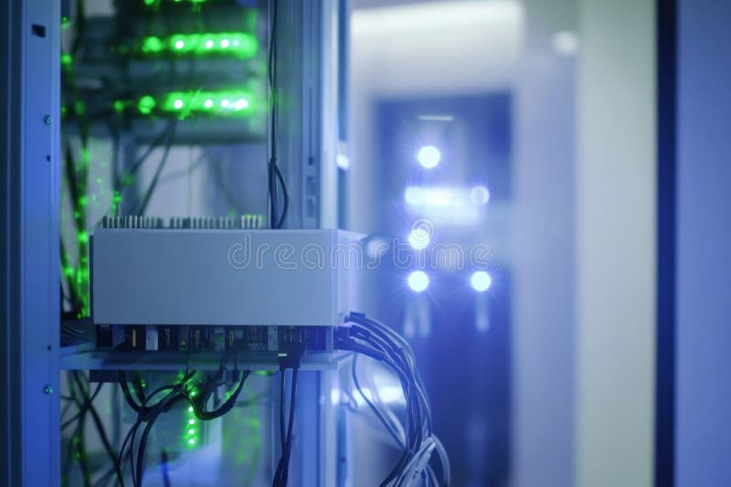 High-tech Server Room with Illuminated Network Equipment at a Data ...