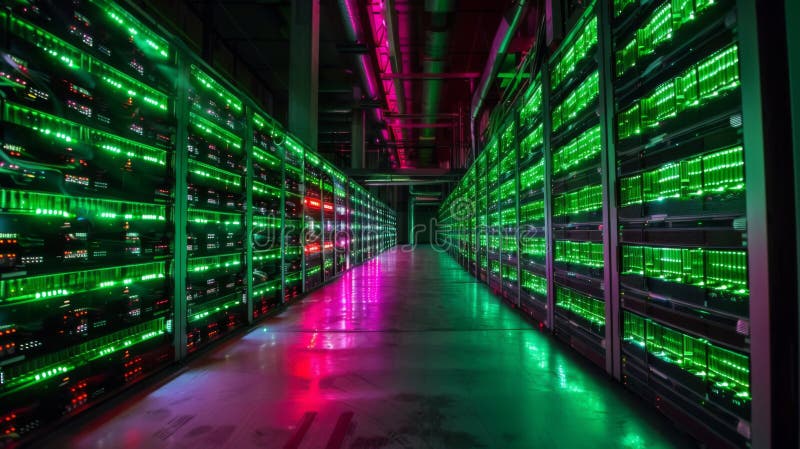 High Tech Server Room with Illuminated Racks Showcasing Vibrant Green ...