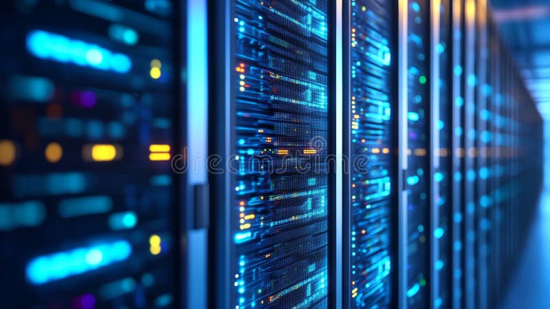 High-Tech Server Room with LED Lights Stock Illustration - Illustration ...