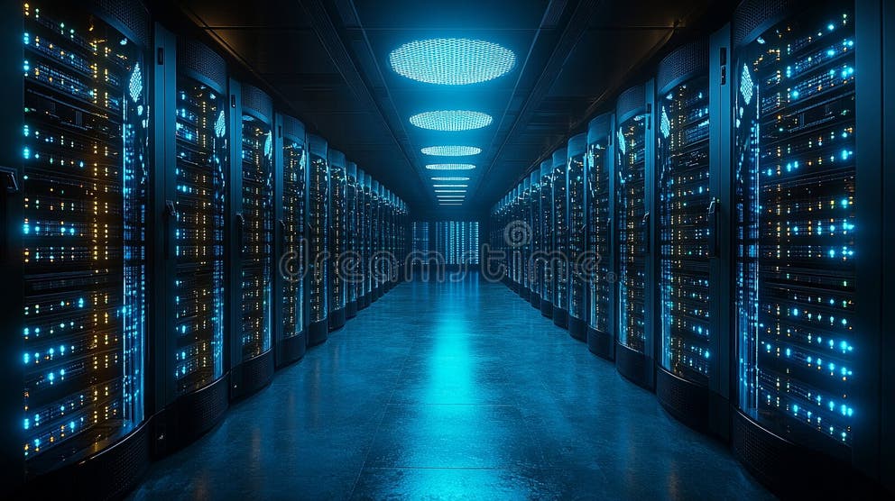 High-tech Server Room with Modern Data Storage Racks and Glowing Blue ...