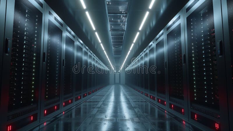 High-Tech Server Room with Multiple Data Racks and Glowing Lights in ...