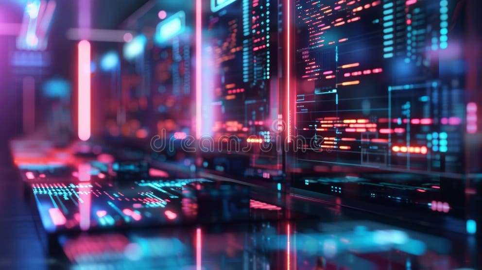 High-tech Server Room with Neon Lights and Digital Displays Stock Image - Image of face, glow ...