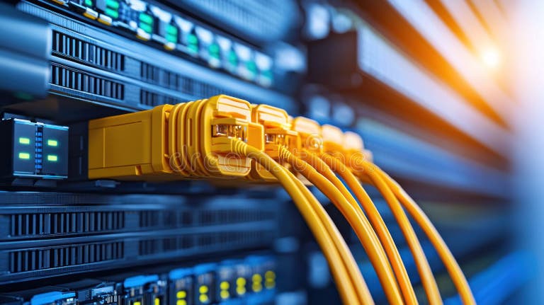 High Tech Server Room with Orange Network Cables Connected To Equipment ...