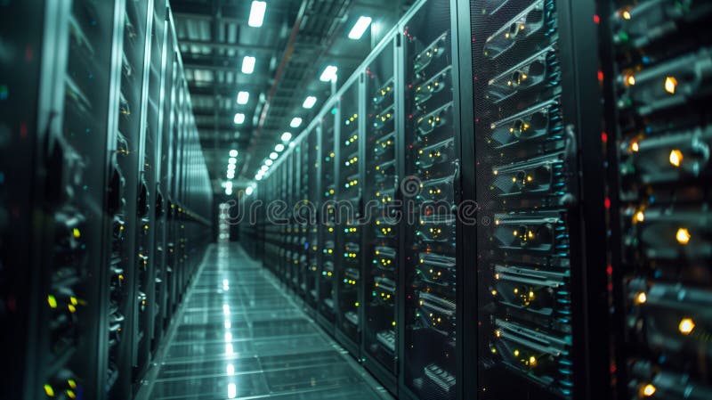 High-Tech Server Room with Rows of Active Data Servers at Night Stock ...