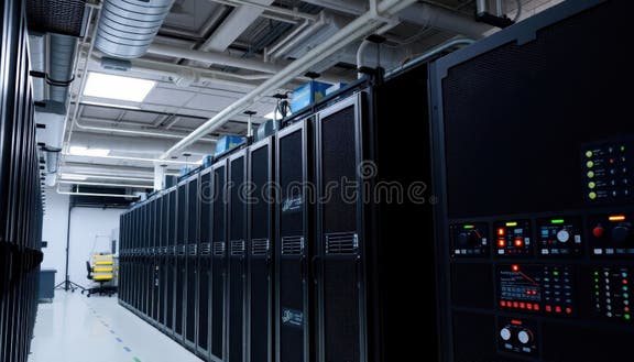 High Tech Server Room with Rows of Black Server Racks, Illuminated ...