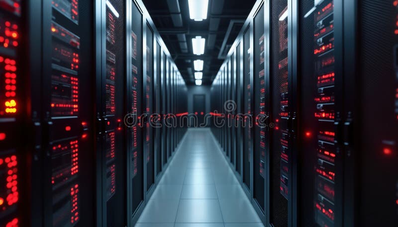 High-tech Server Room with Rows of Dark Metal Cabinets. Red LED ...