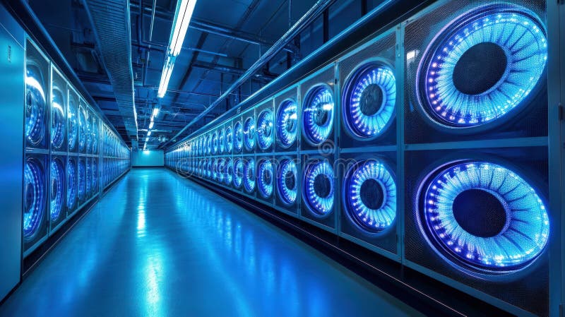 High-tech Server Room Rows of Glowing Cooling Units Stock Illustration ...