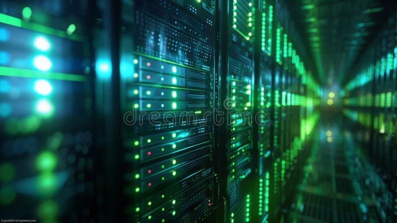 High-tech Server Room with Rows of Illuminated Server Racks in Green ... High-tech Server Room with Rows of Illuminated Server Racks in Green ...