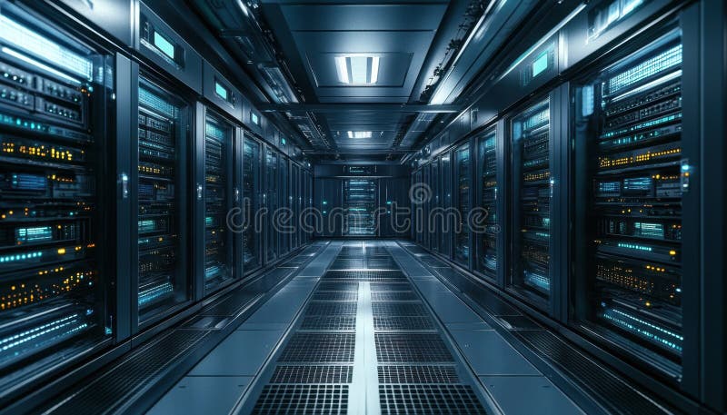 High-tech Server Room with Rows of Illuminated Servers and Cooling ...