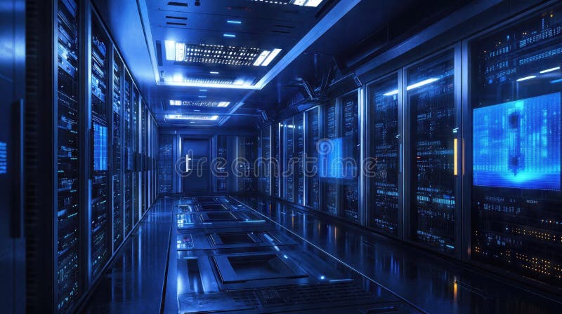 A High-tech Server Room with Sleek, Modern Servers Illuminated by Cool ...