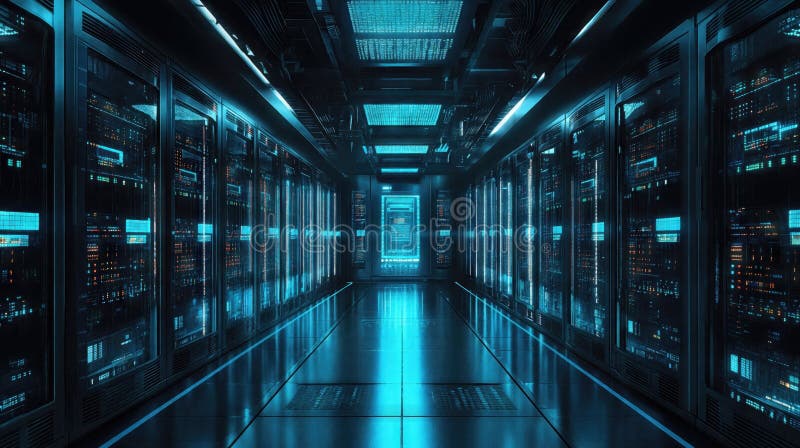 A High-tech Server Room with Sleek, Modern Servers Illuminated by Cool ...