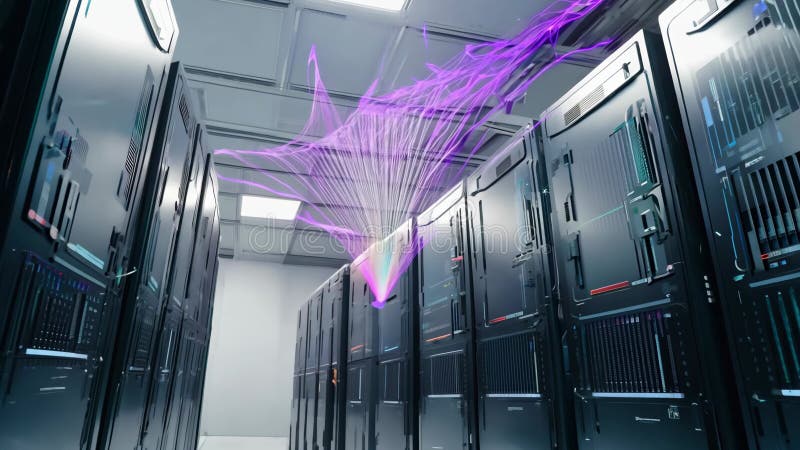 High-tech Server Room with Vibrant Data Flow Visualized As Colorful ...