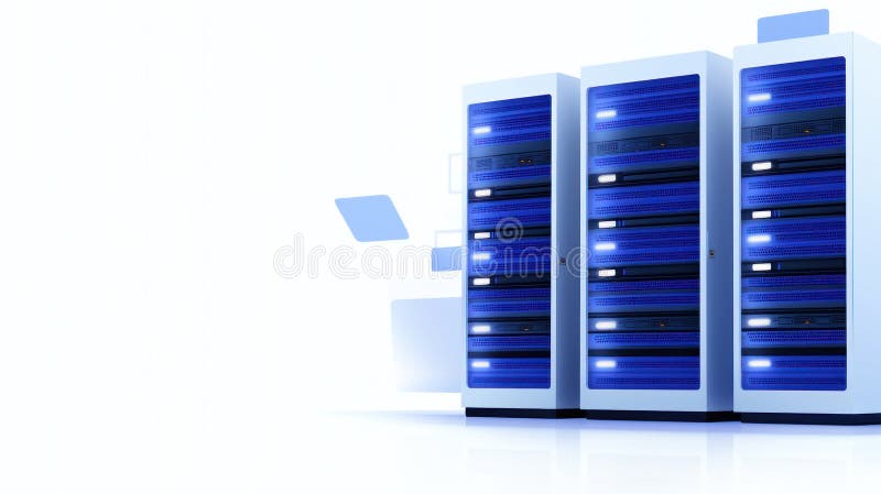High Tech Server Setup with Blue Lighting on White Background ...