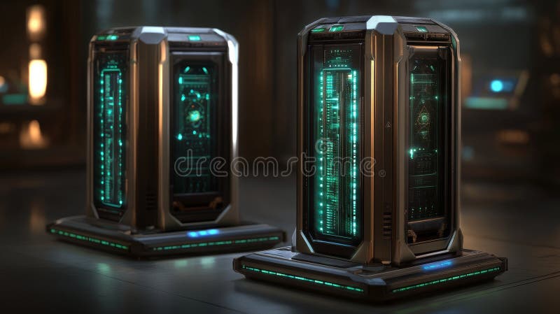 High-tech Server Units with Glowing Green Lights in a Futuristic Data ...