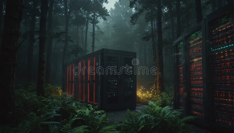 High-tech Server Units with Glowing Lights Situated in a Misty, Lush ...