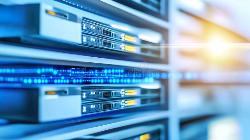 High Tech Servers Illuminated by Blue Lights Emphasize the Power of ...