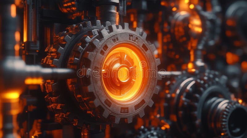 In a High-tech Setting, a 3D Render of a Mechanical Engine with Glowing ...