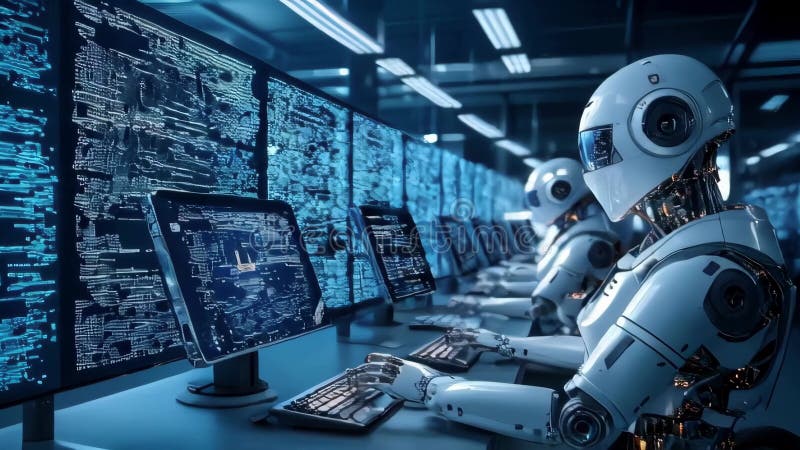 Futuristic Robots Analyzing Data on Multiple Screens Stock Video ...