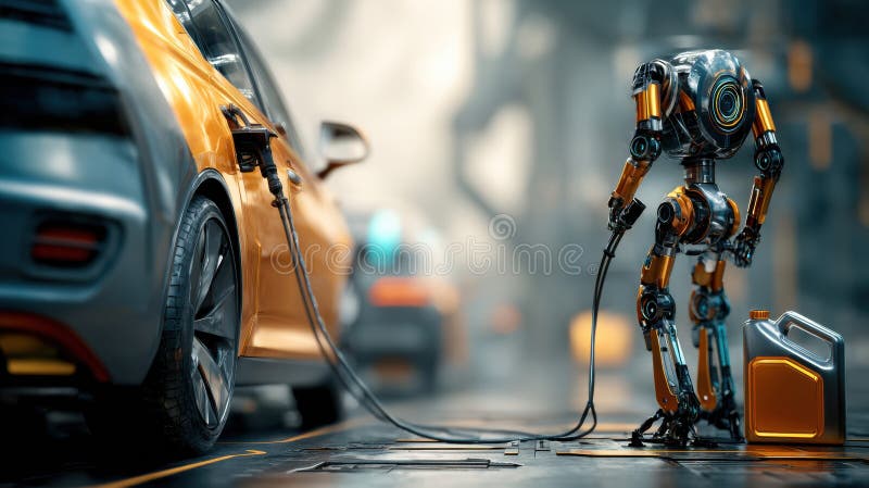 Futuristic Robot Refueling Electric Car with Synthetic Oil in a High ...