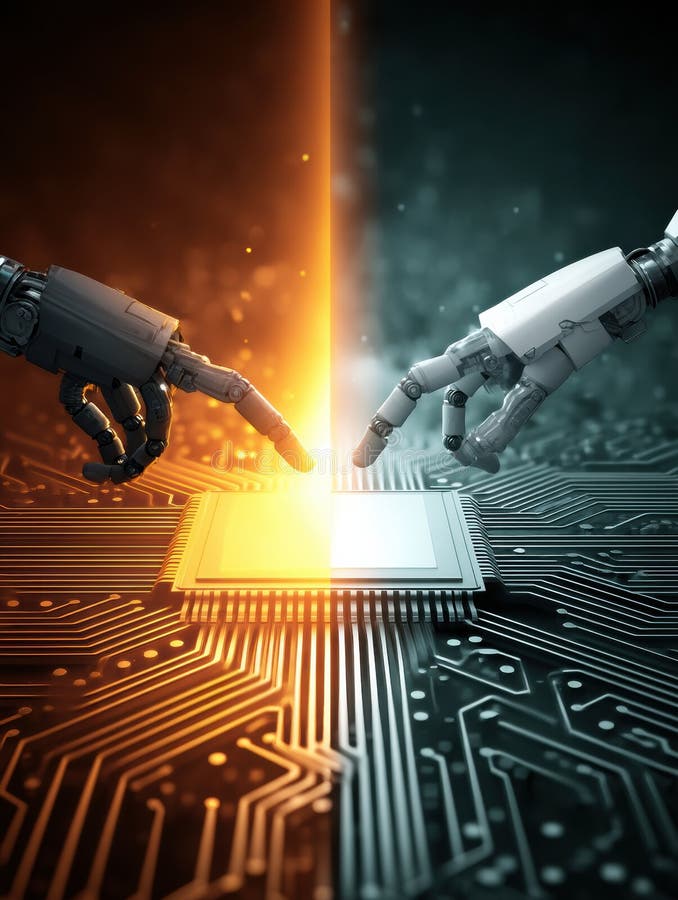 Two Robotic Hands Reaching for a Glowing Microchip in a Futuristic ...