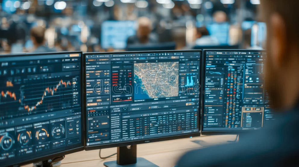 High-tech Setup with Multiple Screens Displaying Cryptocurrency and ...