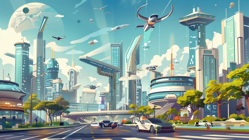 High-tech Smart City with Flying Cars Stock Illustration - Illustration ...