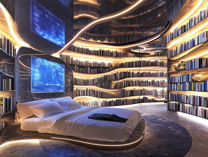 A High-tech, Smart Home Library with Floor-to-ceiling Bookshelves ...