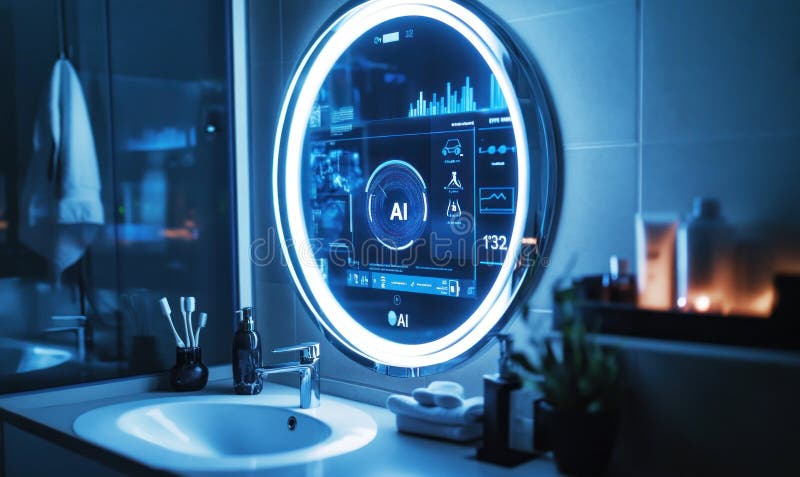 Futuristic Smart Mirror with AI Interface in Modern Bathroom Stock ...