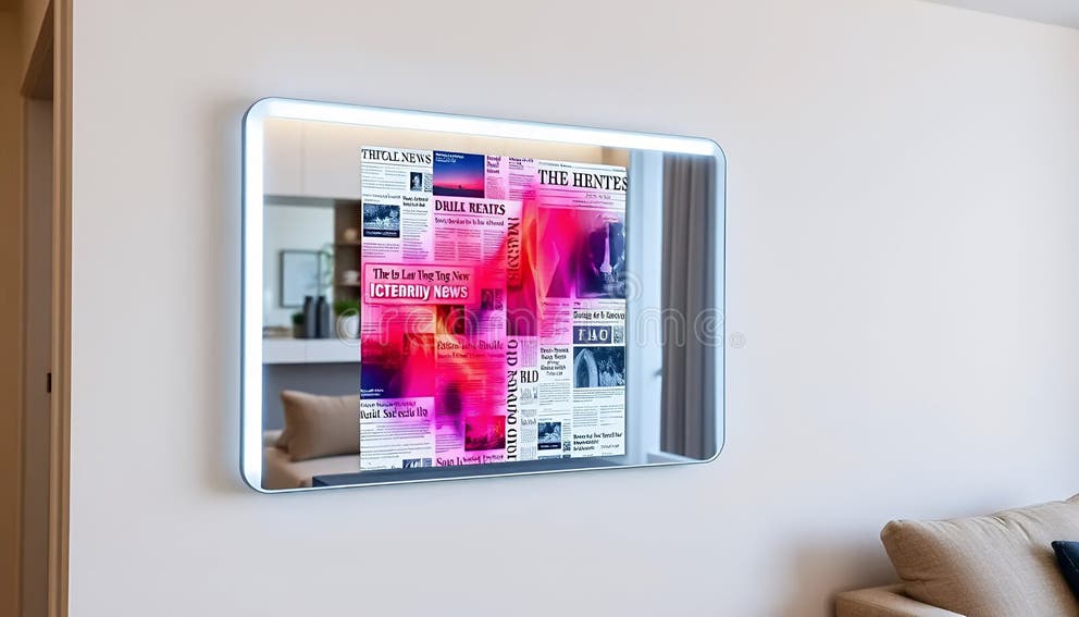 Futuristic Smart Mirror with Digital News Display in Modern Home Stock ...