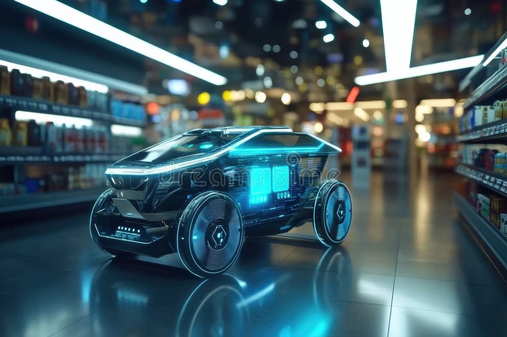Futuristic Smart Shopping Cart Scans Products while Navigating a Modern ...