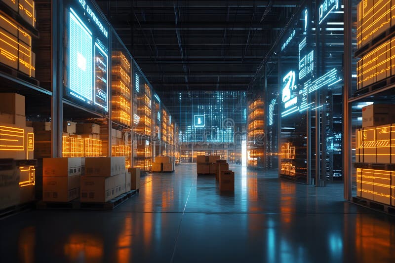 High-Tech Smart Warehouse with Digital Displays and Automation Systems ...