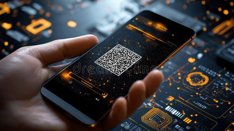 High-Tech Smartphone with QR Code on Futuristic Digital Background ...