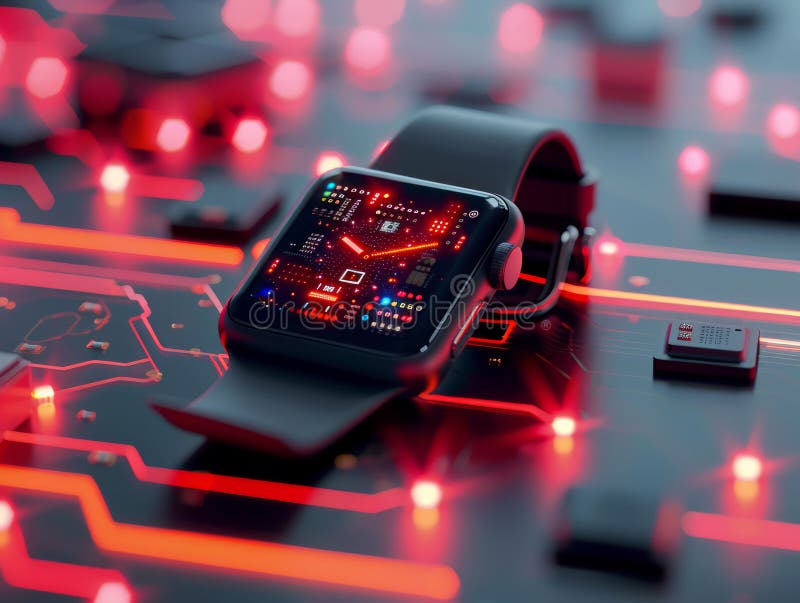 High Tech Smartwatch with Futuristic Interface on Glowing Circuit Board ...
