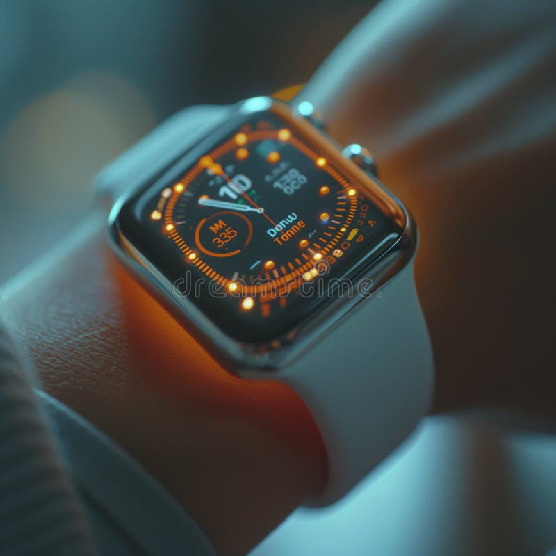 High-Tech Smartwatch with Orange Illumination Stock Photo - Image of ...