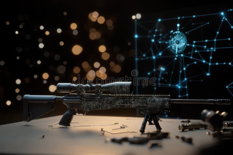 High-tech Sniper Rifle Displayed on a Table with Digital Backdrop of ...