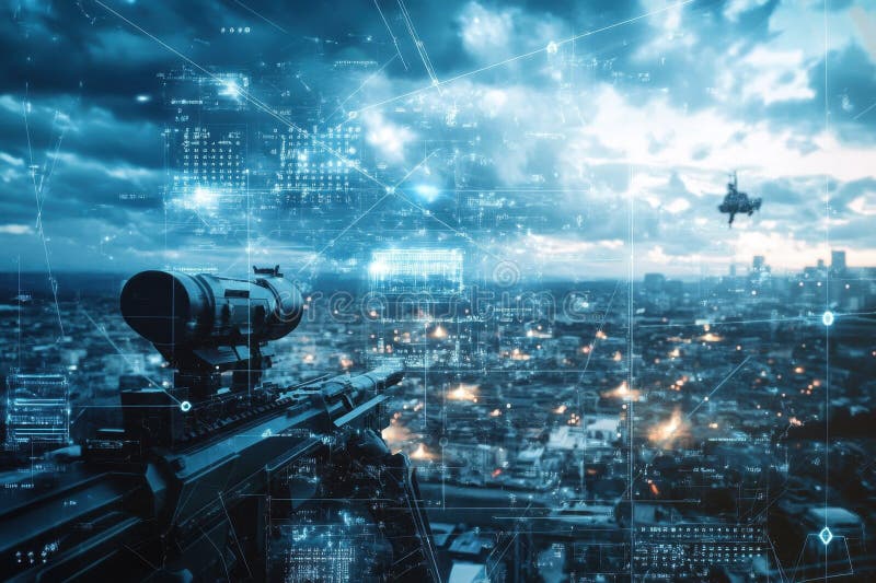 Advanced Sniper Rifle Aimed at a Futuristic Cityscape with Digital ...