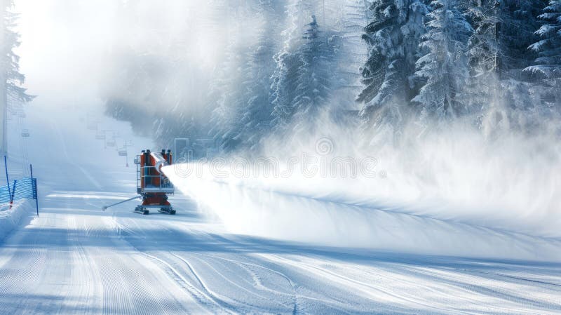 High-tech Snowmaking Machine in Operation on a Snowy Mountain Slope ...