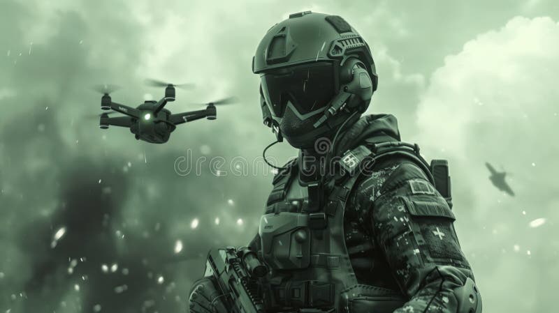 Futuristic Soldier with Combat Drone Stock Illustration - Illustration ...