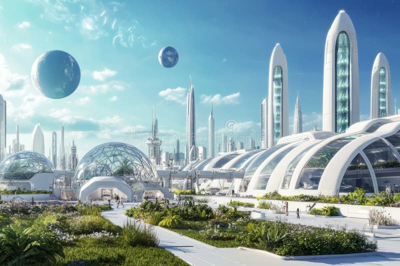 A High Tech Space Colony with Transparent Domes, Vertical Gardens, and ...