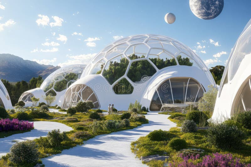 A High Tech Space Colony with Transparent Domes, Vertical Gardens, and ...