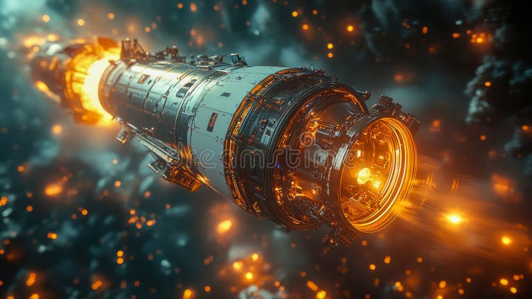 High-tech Space Rocket Engine Glowing with Bright Orange Flames Against ...
