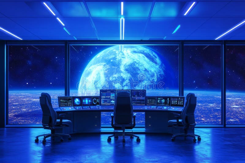 A High-tech Space Station Command Center 3D Background Room with Ultra ...