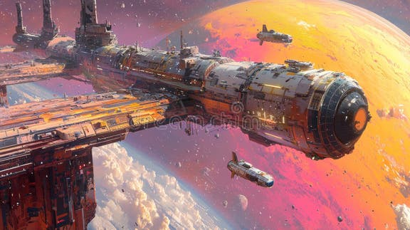 High-Tech Space Station with Docking Spaceships. Stock Illustration ...