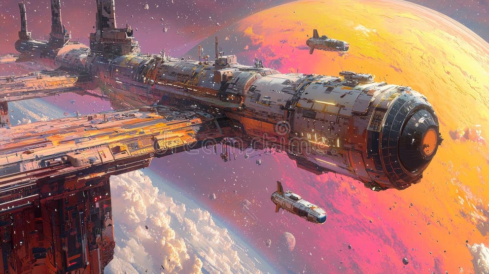 High-Tech Space Station with Docking Spaceships. Stock Illustration ...